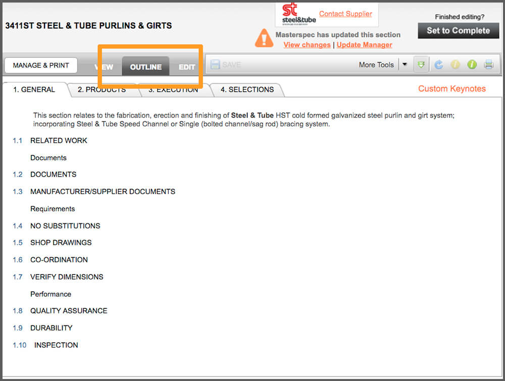 Open a specification section for editing - Masterspec